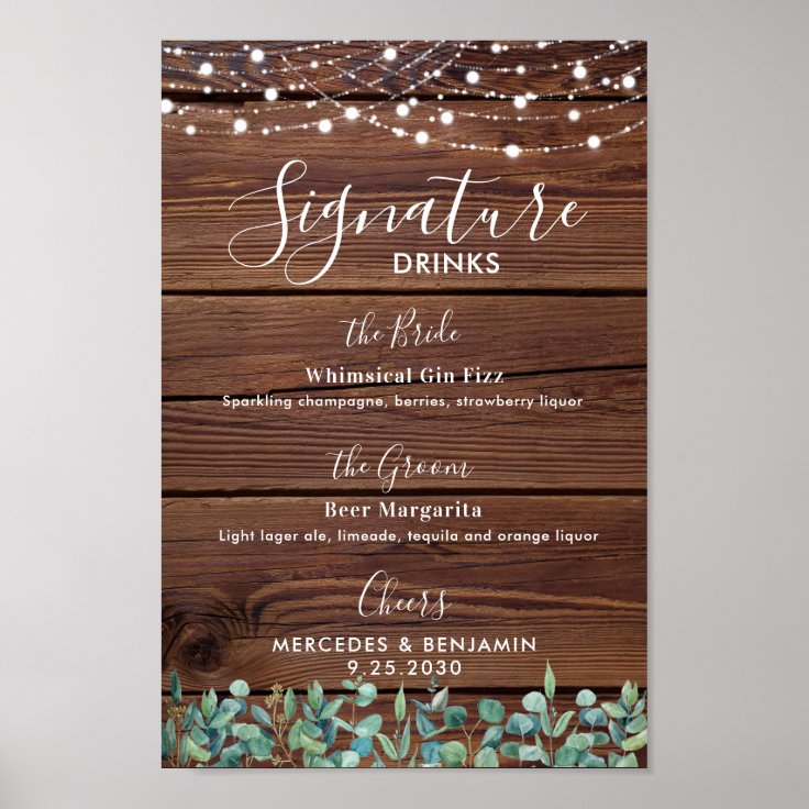 Signature Drinks String Lights Rustic Wedding Bar Poster | Zazzle