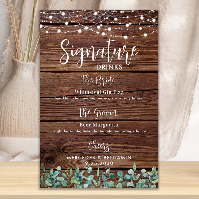 Signature Drinks String Lights Rustic Wedding Bar Poster | Zazzle