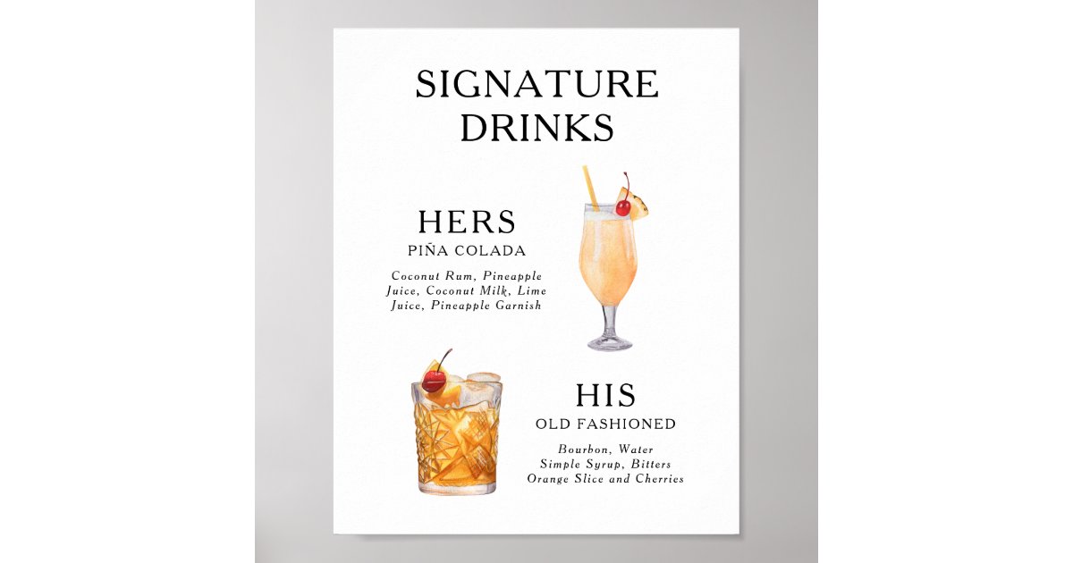 Signature Drinks Wedding Cocktail Menu Poster | Zazzle