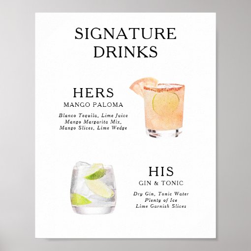 Signature Drinks Wedding Cocktail Menu Poster | Zazzle