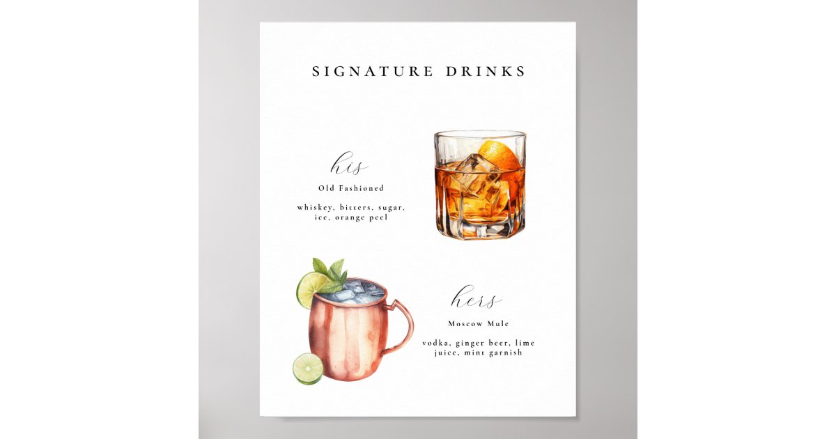 Signature Drinks Wedding Cocktails Poster | Zazzle