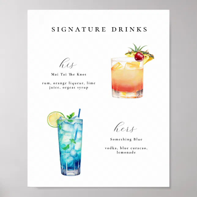 Signature Drinks Wedding Cocktails Poster | Zazzle