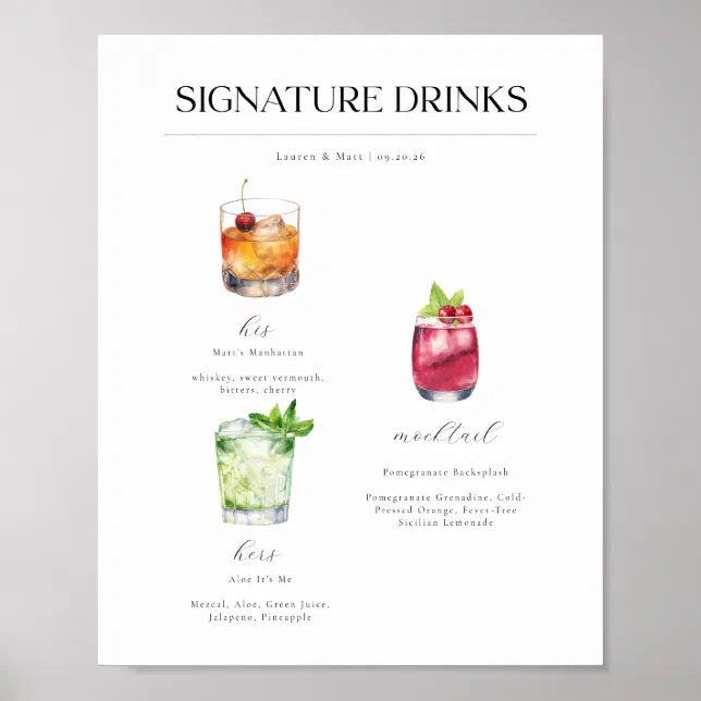 Signature Drinks Wedding Cocktails Poster | Zazzle