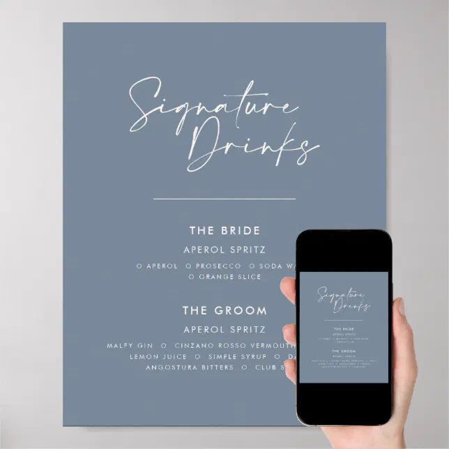 Signature drinks wedding modern minimal dusty blue poster | Zazzle
