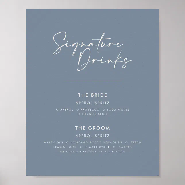 Signature drinks wedding modern minimal dusty blue poster | Zazzle