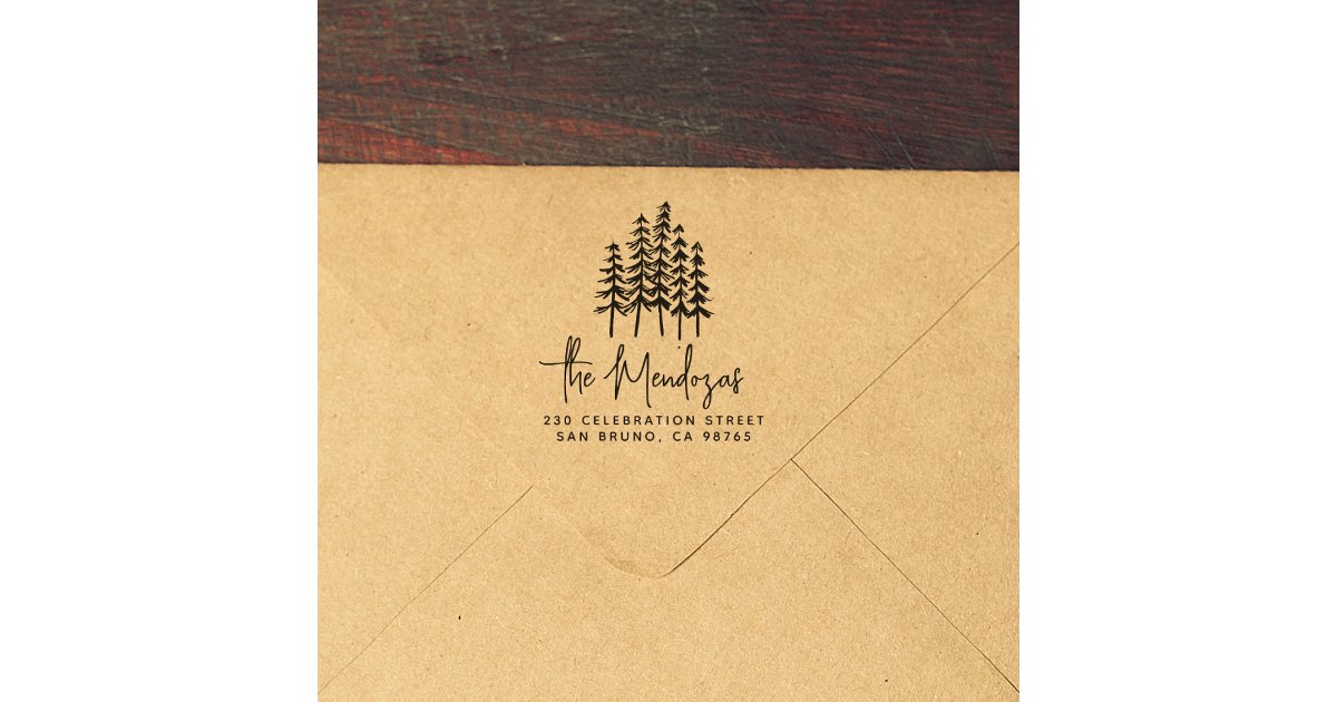 Signature Family Name & Pine Trees Return Address Rubber Stamp | Zazzle