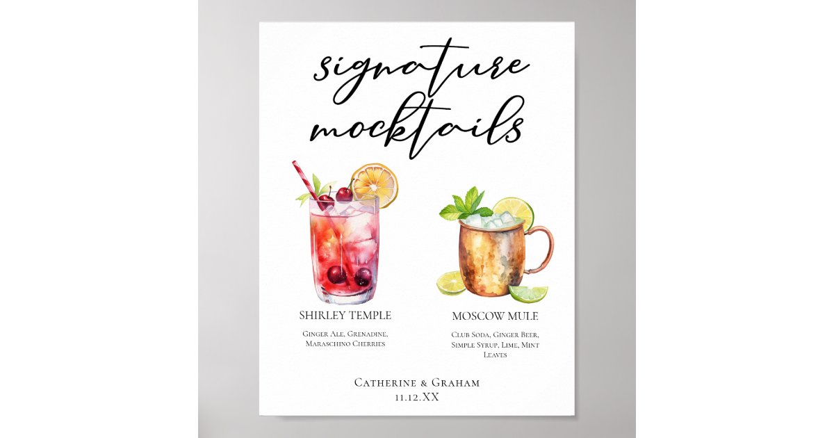 Signature Mocktails Summer Drinks Wedding Menu Poster | Zazzle