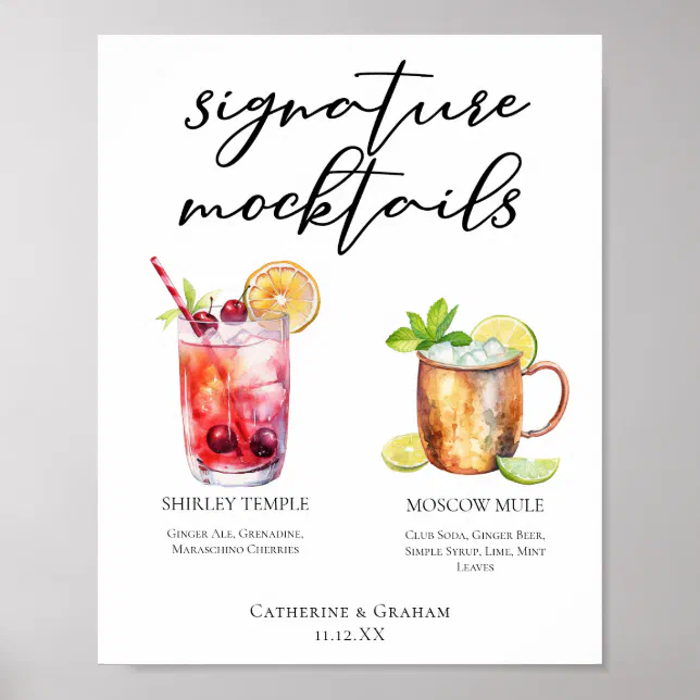 Signature Mocktails Summer Drinks Wedding Menu Poster | Zazzle