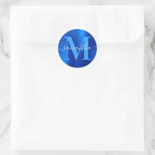 Signature Monogram Royal Blue Foil Classic Round Sticker | Zazzle