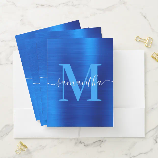 Signature Monogram Royal Blue Foil Pocket Folder | Zazzle