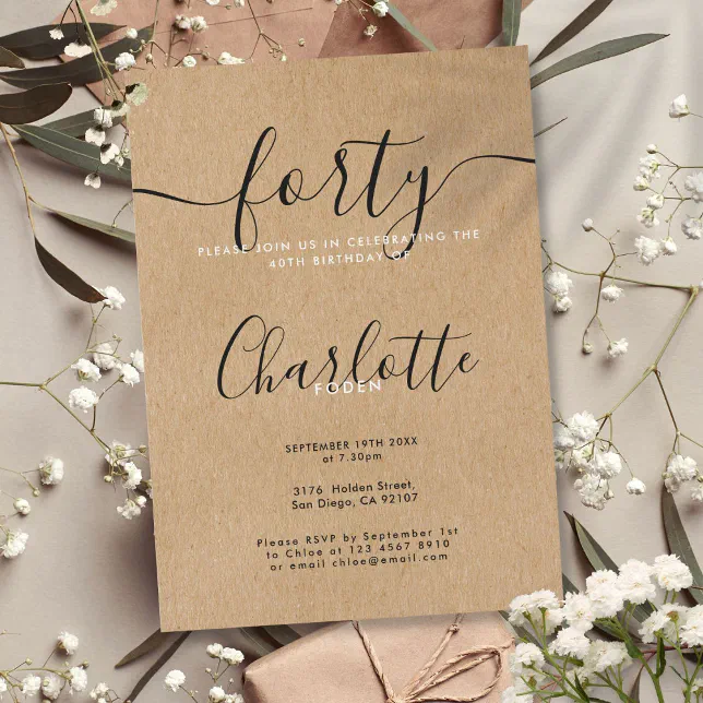 Signature Rustic Kraft 40th Birthday Invitation | Zazzle