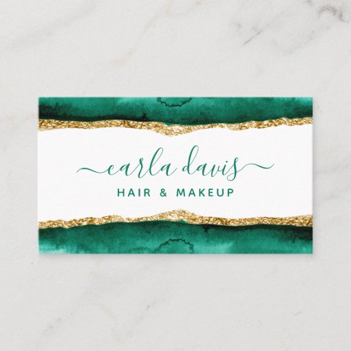 Signature Script Emerald Green Gold Watercolor QR Business Card | Zazzle