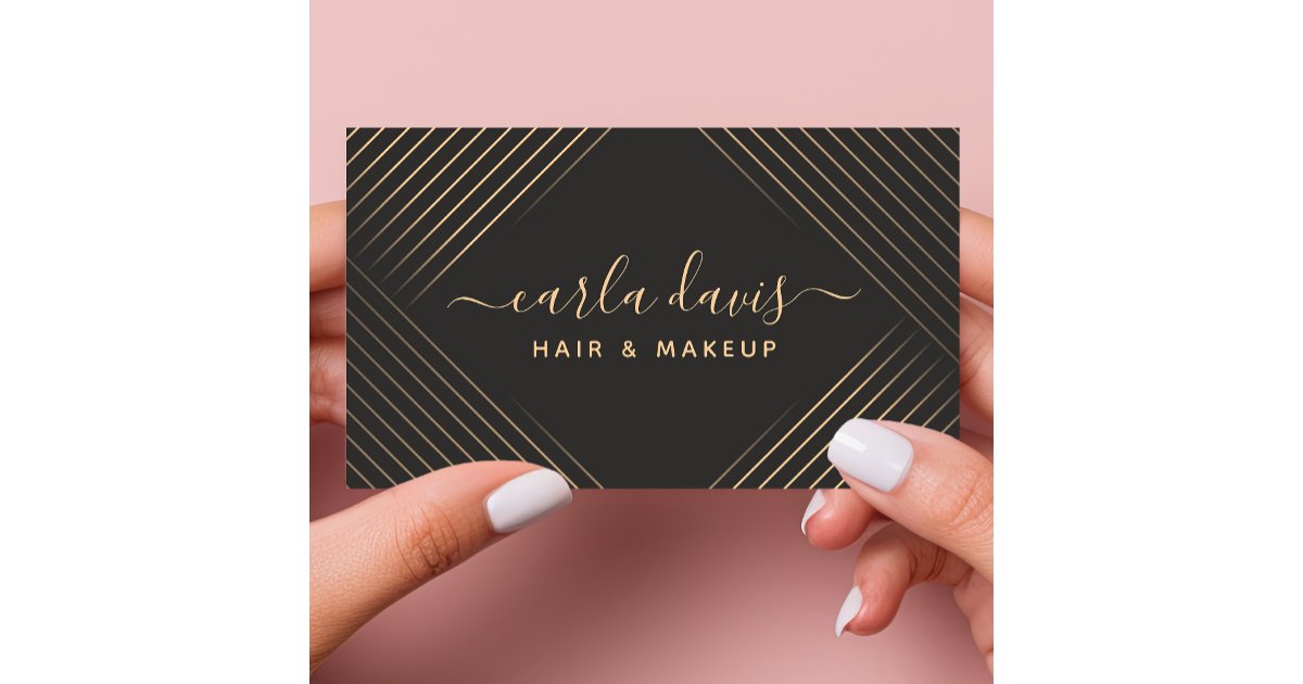 Signature Script Geometric Lines Black And Gold Business Card | Zazzle