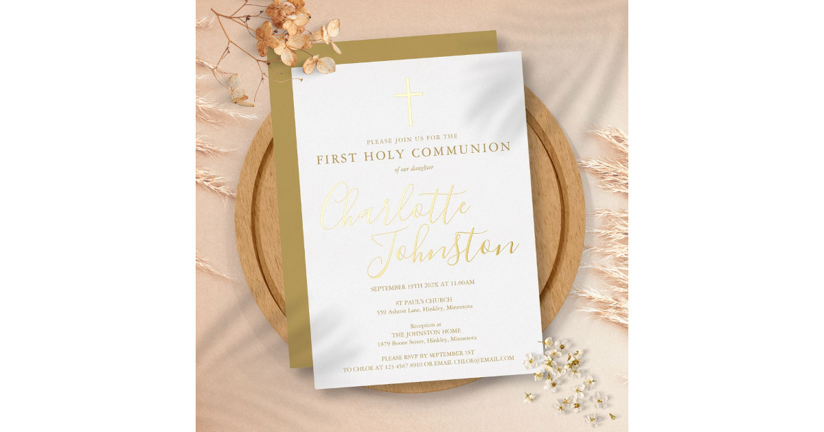 Signature Script Gold First Holy Communion Foil Invitation | Zazzle