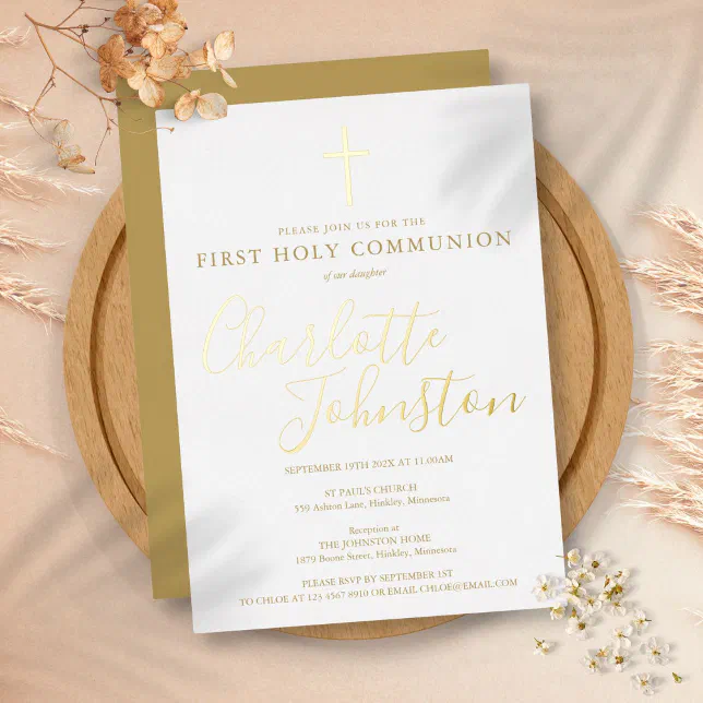 Signature Script Gold First Holy Communion Foil Invitation | Zazzle