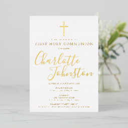 Signature Script Gold First Holy Communion Foil Invitation | Zazzle