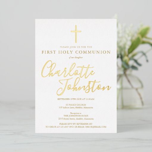 Signature Script Gold First Holy Communion Foil Invitation | Zazzle