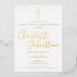 Signature Script Gold First Holy Communion Foil Invitation | Zazzle