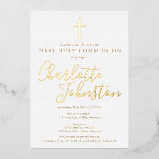 Signature Script Gold First Holy Communion Foil Invitation | Zazzle