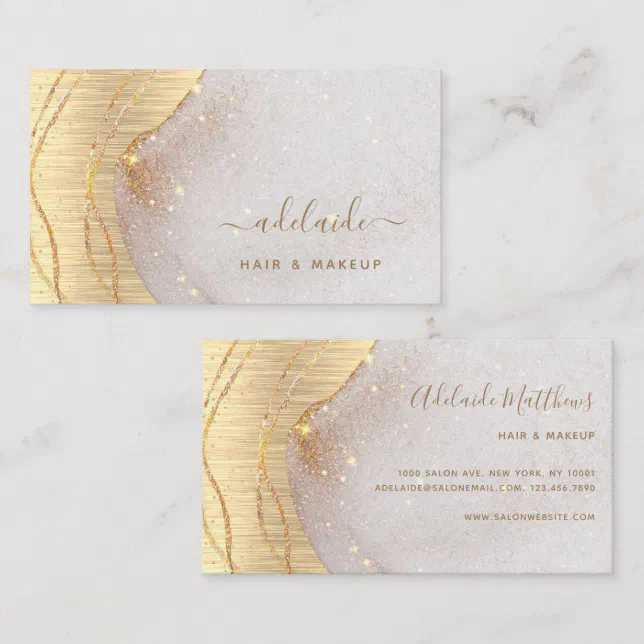 Signature Script Gold Glitter Agate Elegant Modern Business Card | Zazzle