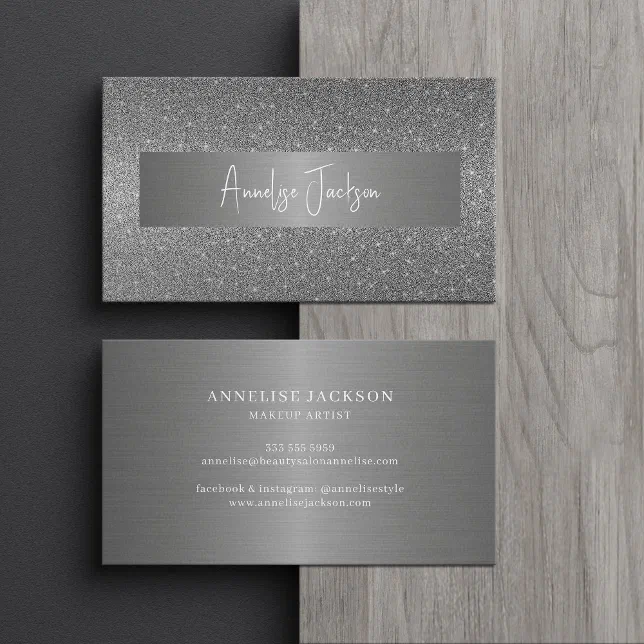 Signature script modern glam silver glitter business card | Zazzle