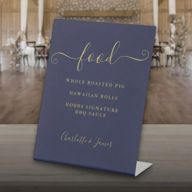 Signature Script Navy Blue And Gold Food Menu Pedestal Sign | Zazzle