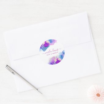Signature Script Purple Blue Alcohol Ink Classic Round Sticker | Zazzle