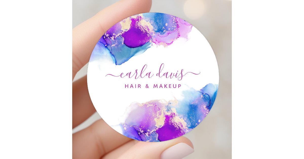 Signature Script Purple Blue Alcohol Ink Classic Round Sticker | Zazzle