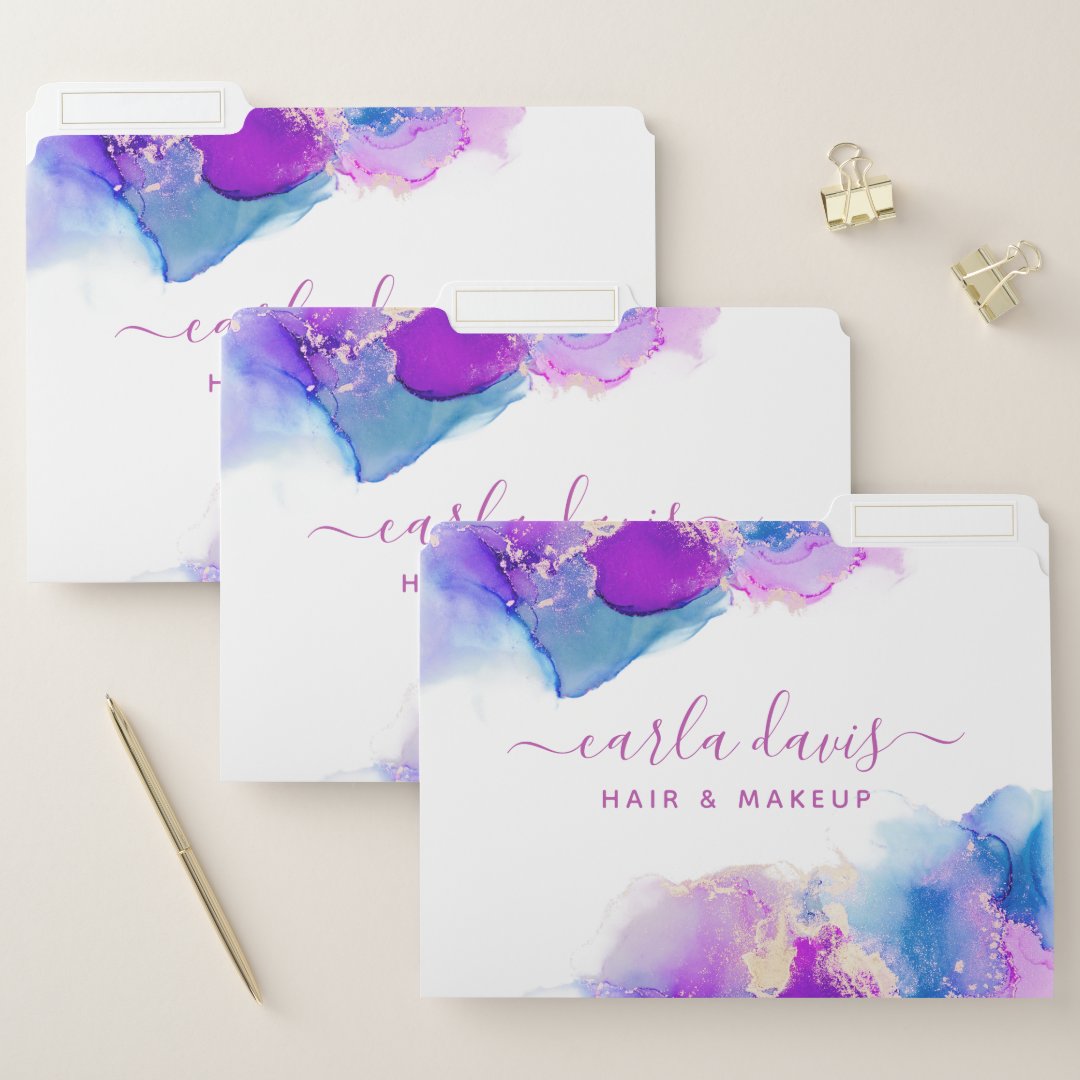 Signature Script Purple Blue Alcohol Ink File Folder | Zazzle
