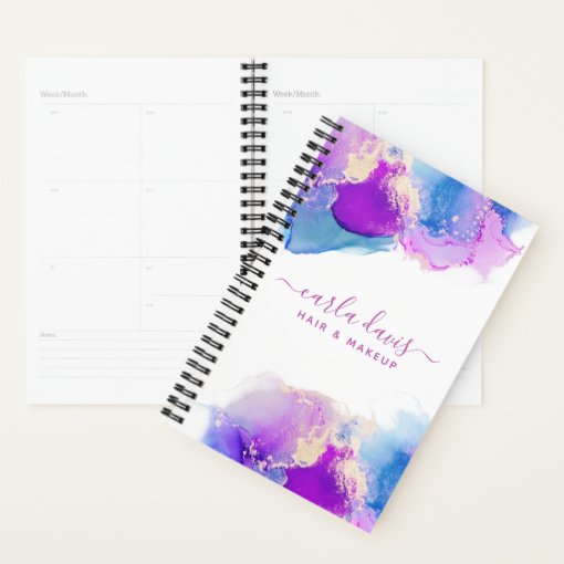 Signature Script Purple Blue Alcohol Ink Planner | Zazzle