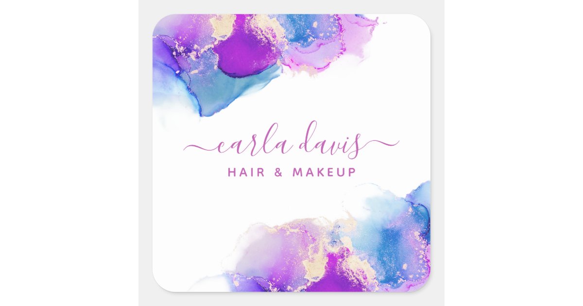 Signature Script Purple Blue Alcohol Ink Square Sticker | Zazzle
