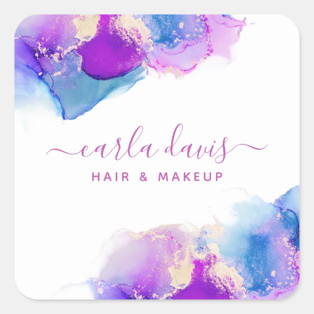 Signature Script Purple Blue Alcohol Ink Square Sticker | Zazzle