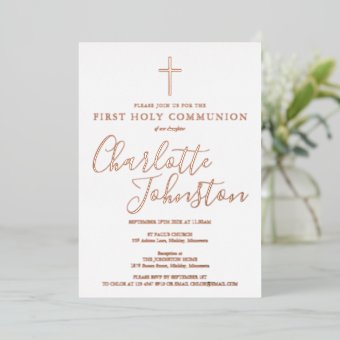 Signature Script Rose Gold First Holy Communion Foil Invitation | Zazzle