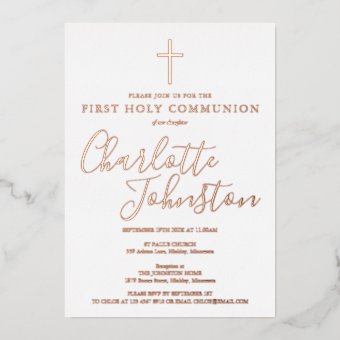 Signature Script Rose Gold First Holy Communion Foil Invitation | Zazzle