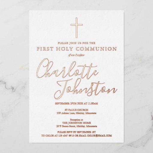 Signature Script Rose Gold First Holy Communion Foil Invitation | Zazzle