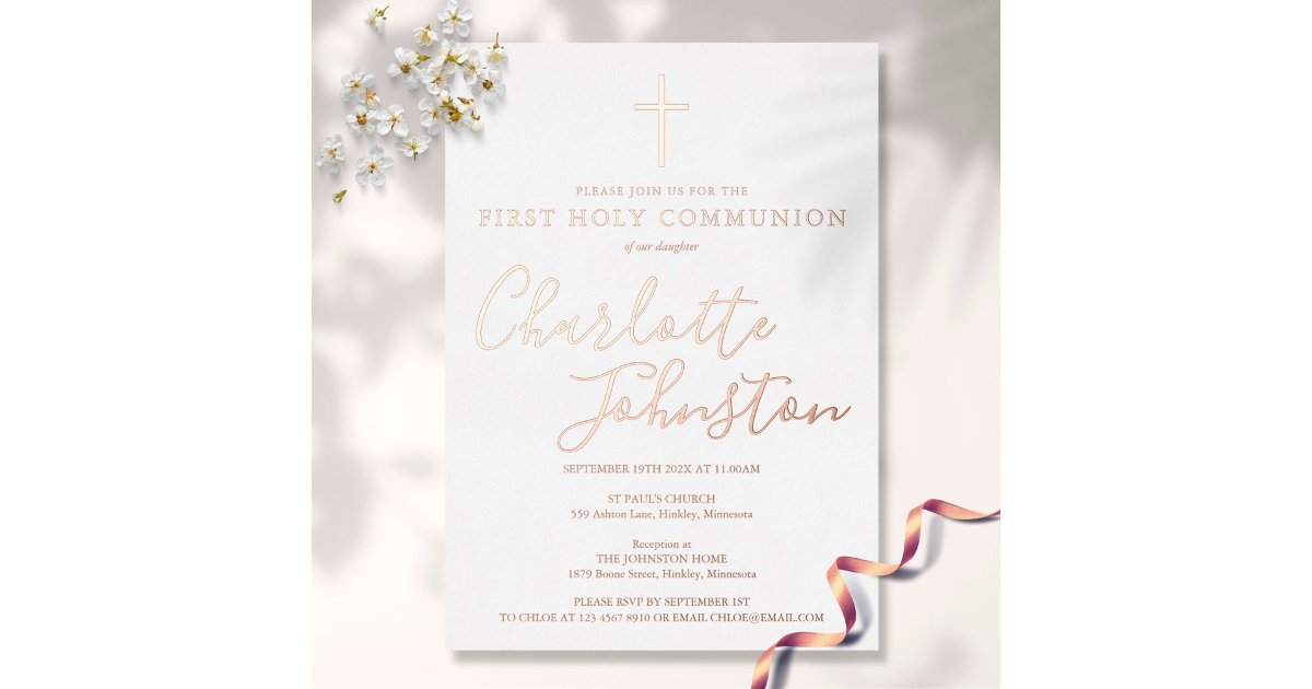 Signature Script Rose Gold First Holy Communion Foil Invitation | Zazzle