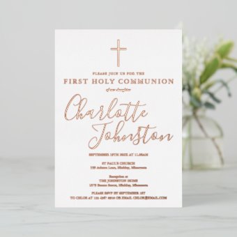 Signature Script Rose Gold First Holy Communion Foil Invitation | Zazzle