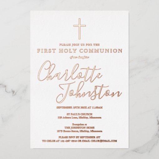 Signature Script Rose Gold First Holy Communion Foil Invitation | Zazzle
