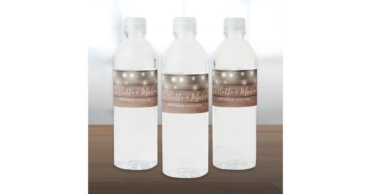 Signature Script Rustic Wood String Lights Wedding Water Bottle Label ...