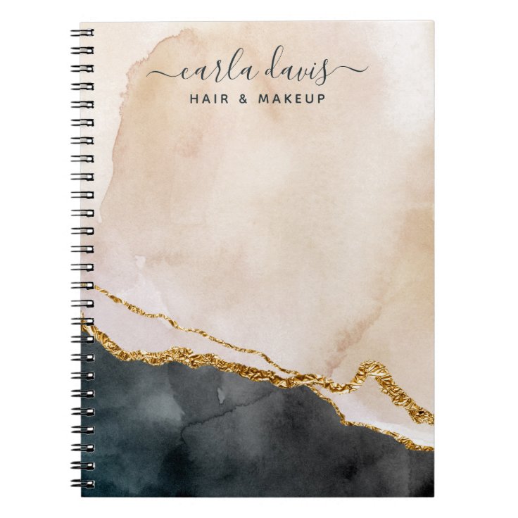 Signature Script Watercolor Pink Black Gold Marble Notebook | Zazzle