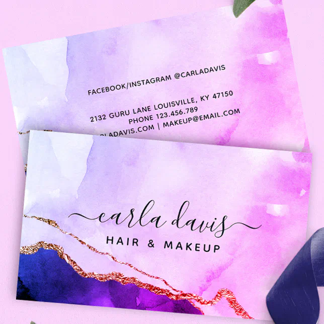 Signature Script Watercolor Purple Gold Marble Business Card | Zazzle