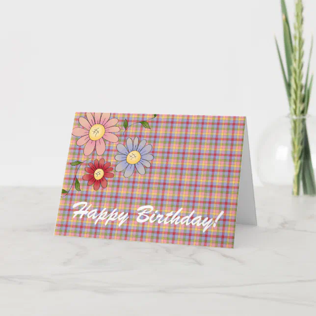 Signs Of Spring Floral Plaid Happy Birthday Card | Zazzle