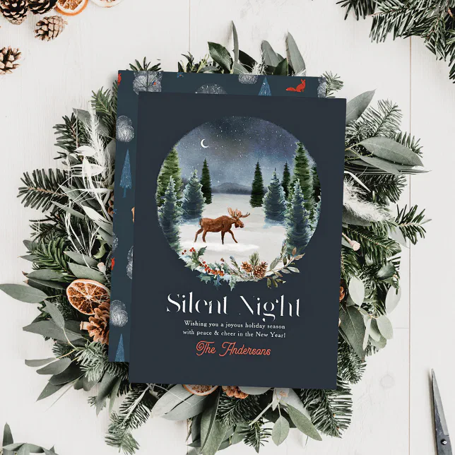 Silent Night Moose Winter Night Forest Christmas Foil Holiday Card | Zazzle