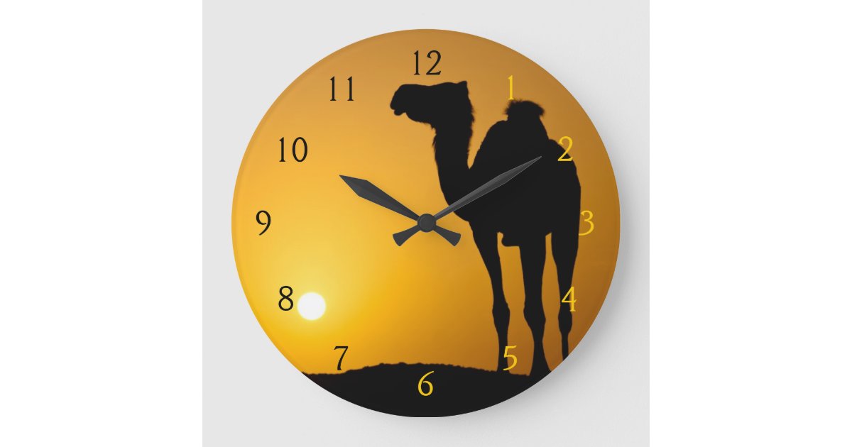 Silhouette of a wild camel at sunset large clock | Zazzle