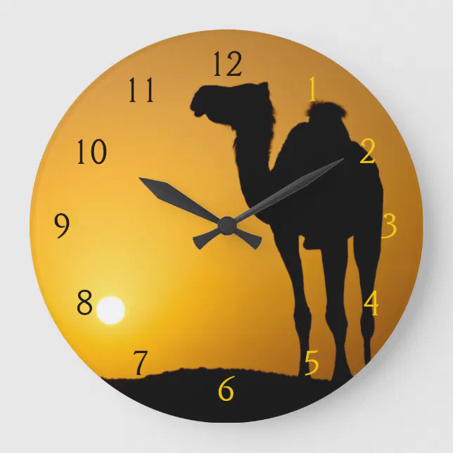 Silhouette of a wild camel at sunset large clock | Zazzle