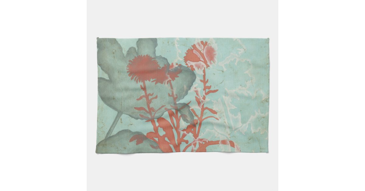 Silhouette of Red Flowers on Teal Background Kitchen Towel | Zazzle