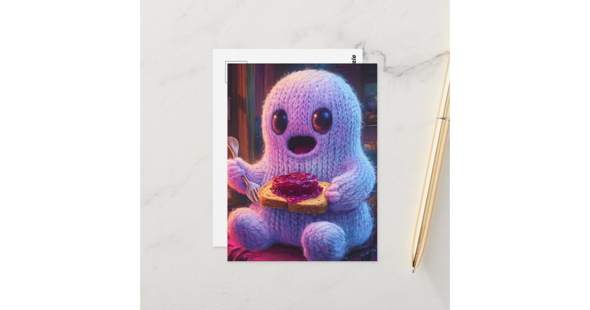 Silly Adorable Ghost eating Toast Jam with Fork Postcard | Zazzle