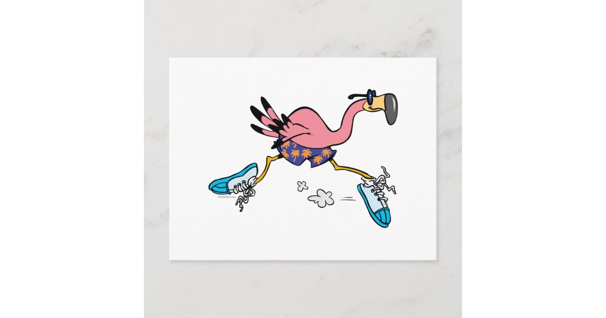 silly cute jogging running flamingo postcard | Zazzle