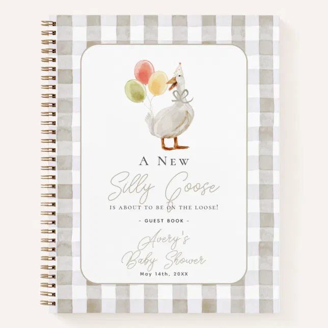 Silly Goose Beige Gingham Baby Shower Guest Book | Zazzle