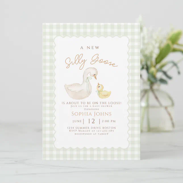 Silly Goose Gingham Duck Gender Neutra Baby Shower Invitation | Zazzle